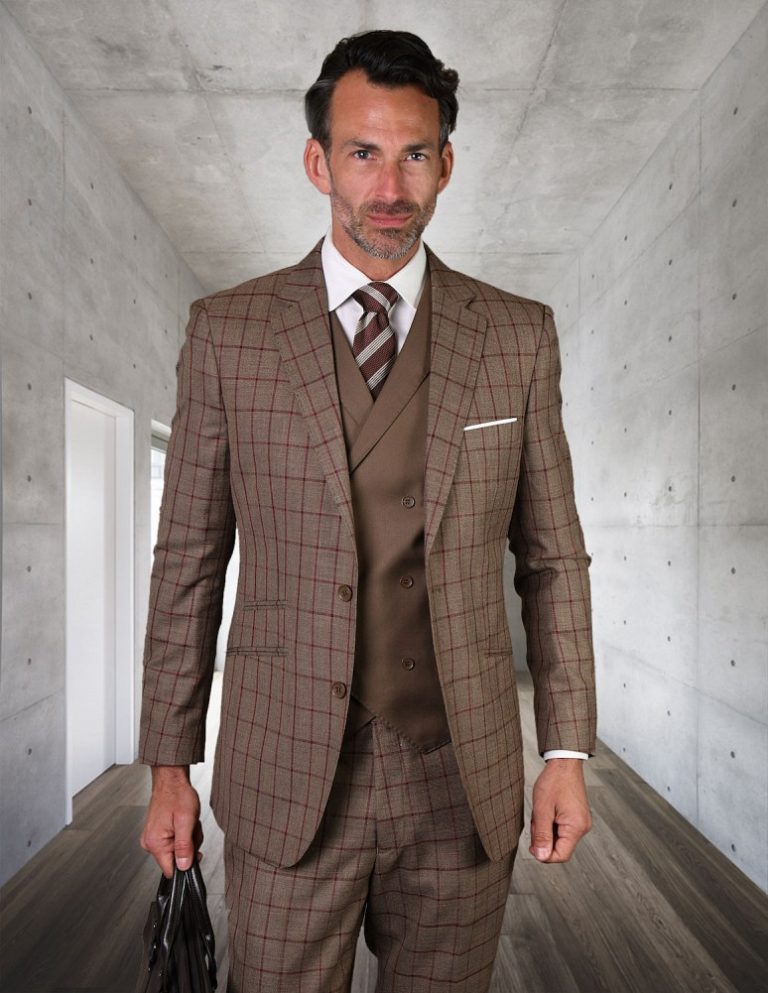 STATEMENT ORTIVA BRONZE PLAID, 3PC SUIT WITH DOUBLE BREASTED VEST, 100% ...