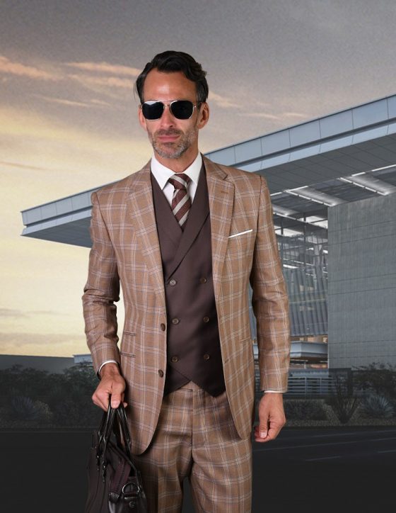 STATEMENT FINO TAN PLAID, 3PC SUIT WITH DOUBLE BREASTED VEST, WOOL ...